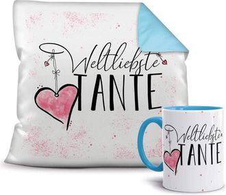Tassendruck Geschenkset für die Weltbeste Tante - Tasse und Kissen - Himmelblau/Verwandte/Geschenk-Idee/Liebling/Familie