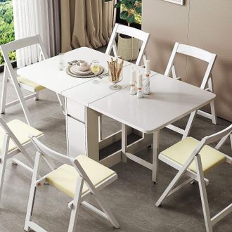 Generic Klappbarer Esstisch Mit Schublade Und 4 Stühlen, Ausziehbarer Tisch Mit Einlegeplatten, Platzsparend for Zuhause, Wohnzimmer Und Restaurant(White)