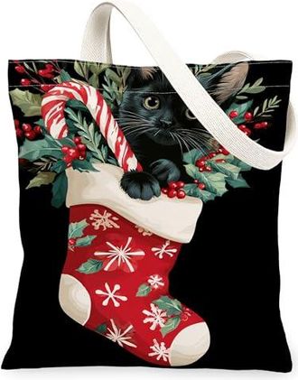 Generic Sacs fourre-tout en toile de No&euml;l, motif chaussettes de vacances en forme de chat, sacs d&eacute;picerie r&eacute;utilisables, vintage floral, l&eacute;ger et lavable, toi