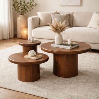 Pier Import Table basse gigogne ronde bois fonc&eacute; &agrave; plateau &eacute;pais (lot de 3) ALMA