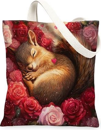 Generic Sac fourre-tout en toile motif &eacute;cureuil pour faire du shopping 33 x 38,1 cm, sac d&eacute;picerie r&eacute;utilisable pour la Saint-Valentin, motif roses romantique