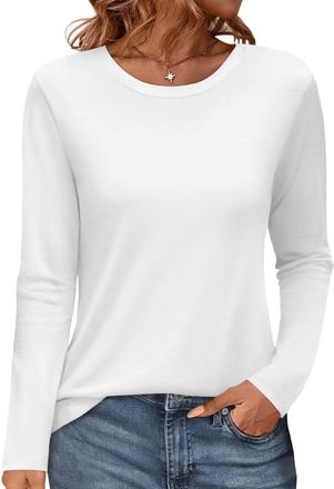 Onsoyours Damen Rundhals Tshirt Langarm Pullover Herbst Winter Oberteile Einfarbig Basic Longshirt Tops A Wei&szlig; XXL