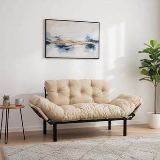 Dmora 2-Sitzer SchlafsofaZeeusis, Verwandelbares Sofa, Lineare Stoffstruktur, Schlafsessel mit Stauraum, 155x70 h85 cm, Creme