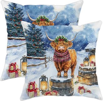 Generic 2Er Set Weiche Dekokissenbezug, Weihnachten Highland Kuh Braun, Kissenh&uuml;lle Resistent Und Quadratische Dekokissen Kissenbez&uuml;ge F&uuml;r Schlafzimmer Auto 4