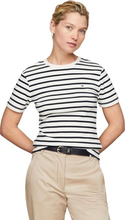 Tommy Hilfiger Damen T-Shirt Kurzarm New Slim Cody Rundhalsausschnitt, Mehrfarbig (Breton Ecru/Desert Sky), XXS