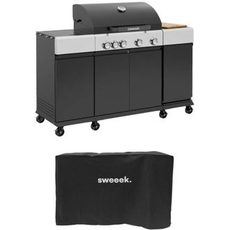 Sweeek Barbecue gaz 4 br&ucirc;leurs + 1 feu lat&eacute;ral MAXIM. Acier. thermom&egrave;tre int&eacute;gr&eacute;. r&eacute;cup&eacute;rateur de graisse. grille de chauffe. housse