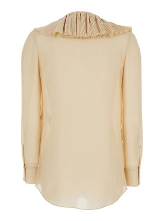 Saint Laurent Womens Beige Silk Blouse With V Neck And Ruffles Blouses Shirt
