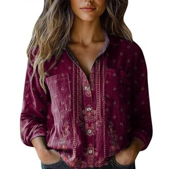 Generico Chemise Femme d&Eacute;t&eacute; &Eacute;l&eacute;gant Manches Longues Chemisier en Lin Coton Curvy Respirant T Shirt Col en V Mode Blouse Vintage Imprim&eacute; avec Boutons L&eacute;ger Chem
