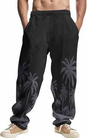 Generic Pantalon de loisirs d&eacute;t&eacute; l&eacute;ger pour homme - Pantalon en lin imprim&eacute; hawa&iuml;en - Pantalon d&eacute;t&eacute; avec taille &eacute;lastique - Pantalon de plage respirant - Pant