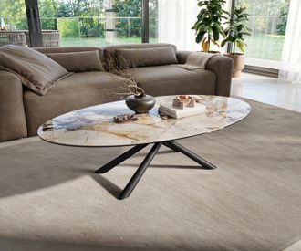 DELIFE Couchtisch Edge Oval 140x80 cm Keramik Patagonia Poliert Sarity Metall Schwarz, Couchtische