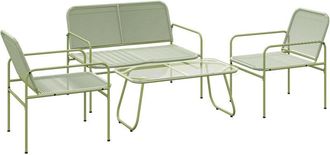 HOMCOM Salon de Jardin ext&eacute;rieur r&eacute;sine tress&eacute;e 4 places, canap&eacute; 2 places, 2 chaises, table en verre tremp&eacute; cadre acier vert-Vert