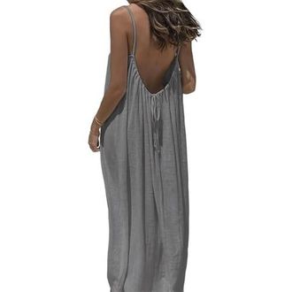 Generic Robe caraco dos nu pour femme, robe caraco dos nu, couleur unie, sans manches, avec noeud dans le dos, gris, 3XL