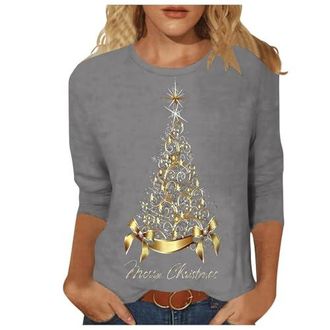 Generic Pull de Noël fantaisie pour femme avec imprimé sapin de Noël - Pull doux à manches 3/4 et col rond - Haut amusant pour fête de vacances, B - Gris., 3X