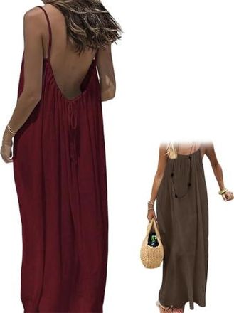 Generic Robe caraco dos nu de couleur unie pour femme, robe longue d&eacute;contract&eacute;e pour la plage, les vacances, Rouge, S