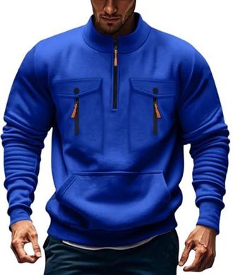 Generic Sweat-shirt sans capuche en polaire pour homme - Demi-fermeture &eacute;clair - Manches longues - Coupe droite - Confortable - T-shirt dext&eacute;rieur doux - Prin