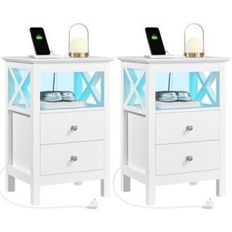 Yaheetech Yaheetech Lot de 2 Tables de Chevet avec Station de Charge Bande LED Ajustable 2 Tiroirs Table dAppoint pour Canap&eacute; Chambre Salon Blanc