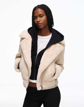 Bershka veste biker courte double face &eacute;cru-Blanc