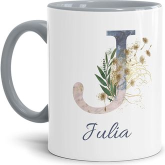 Tassendruck Tasse mit Buchstabe J und Blumen - mit Name personalisiert - Initiale, Namens-Tasse, Buchstaben Tasse, Geschenk I Keramik Innen & Henkel Grau, 300 ml
