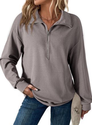 Dokotoo Pullover Damen Sweatshirt Ohne Kapuze Herbst Langarm 1/4 Rei&szlig;verschluss V-Ausschnitt Oberteile L&auml;ssig Locker Tunika Tops Einfarbig Waffel Stricken Obe