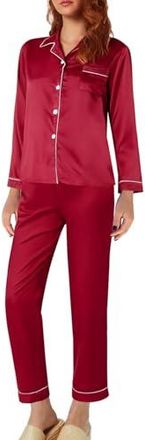 Generic Pyjama en satin de soie pour femme - Ensemble de pyjama en satin noir pour femme - Ensemble de pyjama soyeux long &agrave; boutons - Ensemble de pyjama soyeu