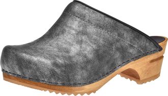 Sanita Laerke | Offener Clog | Original handgemacht | Leder-Holzclogs für Damen | Silber | 37 EU