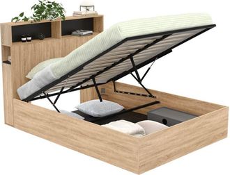 IDMarket Lit coffre double clyde avec tête de lit + rangements et sommier 140 x 190 cm façon hêtre et noir