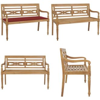 vidaXL Vidaxl - Batavia-Gartenbank mit Rotem Kissen 120 cm Teak Massivholz - Gartenzubeh&ouml;r - Gartenbank - Teakholz Gartenm&ouml;bel - Outdoor M&ouml;bel - Balkonm&ouml;bel