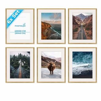 Photolini Cadre 40 x 50 bois MDF doré, lot de 6 cadres photo avec passe-partout pour posters et affiches, verre acrylique incassable, décoration murale à suspen