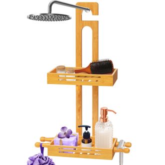 SereneLife Duschablage zum H&auml;ngen, Shampoo Halterung f&uuml;r Dusche aus Bambus, Duschkorb zum H&auml;ngen-2-st&ouml;ckig, Duschregal ohne Boren, H&auml;ngeregal Bad mit 67.3cmH, Du