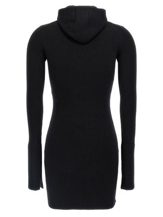 Fendi Ribbed Wool and Silk Hooded Dress - Black