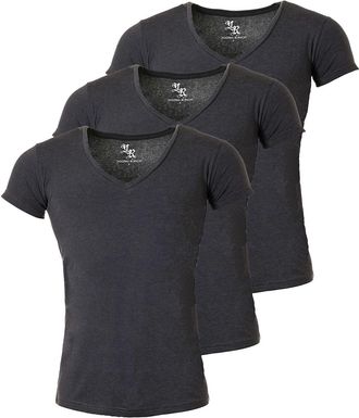 Young & Rich Herren Uni T-Shirt mit extra tiefem V-Ausschnitt Slimfit Stretch Dehnbare Passform einfarbiges Basic Shirt - 3er Pack, Gr&ouml;sse:XXL, Farbe:Dunkelgrau