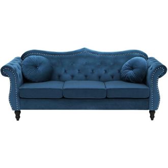 Beliani Canap&eacute; Type Chesterfield 3 Places en Velours Bleu avec Dossier Capitonn&eacute; pour Salon au Style Vintage et Glamour Beliani