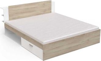 Demeyere Bett 180 x 200 cm mit Stauraum 2 Schubladen und 2 Nischen - skandinavischer Stil - Farbe Wei&szlig; Matt und Eiche Kronberg - 185 x 88 x 223 cm