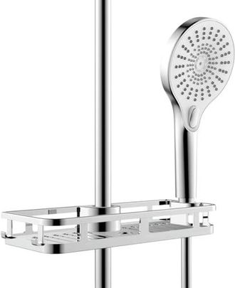 WENKO Duschablage Libert&agrave; Chrom, Duschregal mit Haken und Duschkopfhalter aus Kunststoff, Anbringung ohne Bohren an bestehender Duschstange, 28,5 x 4 x 11,5