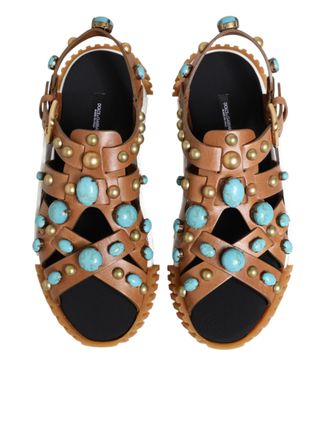 Dolce & Gabbana Mens Brown Leather Studded Slides Sandals Shoes