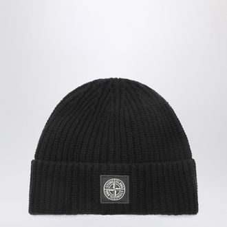 Stone Island Schwarze Wollm&uuml;tze mit Compass-Patch