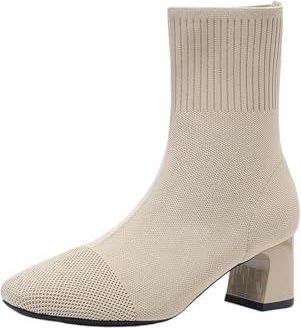 Generic Bottines courtes en tricot extensible pour femme - &Eacute;l&eacute;gantes - Couleur unie - Talon &eacute;pais - Respirantes - Classiques et confortables - Pour le travail
