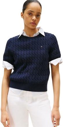 Tommy Hilfiger Pull Femme Cable Manches Courtes, Bleu (Dark Night Navy), M