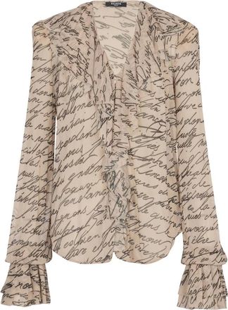 Balmain Femme, Blouses et Chemises, Beige, Taille: 40 FR Ruffled Love Letter Print Shirt