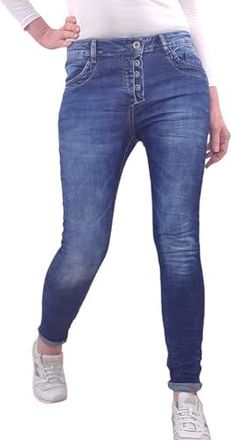 Jewelly Jean stretch pour femme | Pantalon Boyfriend avec boutonnière visible | Denim délavé foncé, bleu foncé, XS