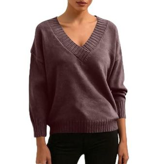 Generic Pull court &agrave; col en V pour femme, d&eacute;contract&eacute;, couleur unie, manches longues, pull court polyvalent, pull en tricot, caf&eacute;, 4XL