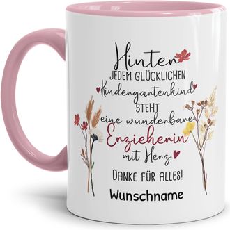 Tassendruck Personalisierbare Tasse für Erzieherin - Hinter jedem Kind Steht - Blumen Abschiedsgeschenk Erzieherin, Tasse mit Name Personalisieren | 300ml, Innen 