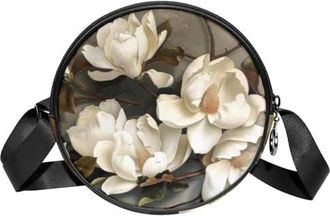 Generic Petit sac &agrave; bandouli&egrave;re circulaire pour femme, motif feuilles florales, sac &agrave; dos avec fermeture &eacute;clair, bretelles r&eacute;glables, sac &agrave; main rond d&eacute;contra