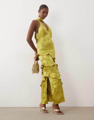 Vero Moda Neckholder-Jacquard-Maxikleid mit R&uuml;schen in Moosgr&uuml;n