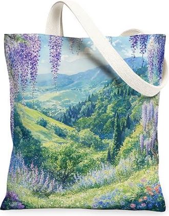 Generic Sac fourre-tout en toile de glycine printani&egrave;re pour le shopping, 33 x 38 cm, motif fleurs de campagne, arbre r&eacute;utilisable, sac d&eacute;picerie pour femme, 