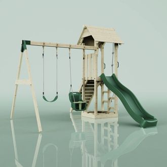 REBO Spielturm mit Wellenrutsche und Kinder-Schaukel, Outdoor Kletterger&uuml;st Garten,Smaragdgr&uuml;n