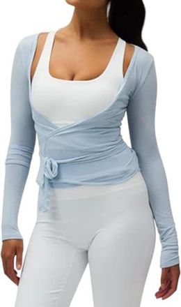 Minetom Femmes Cache-Coeur De Danse Col V Gymnastique Boléro Salle Zumba Aerobic Yoga Pilates Haut Ballet Bandage Cardigan Sportswear A1 Bleu XS