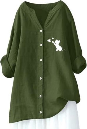 Generic Chemise dété surdimensionnée à manches 3/4 en lin pour femme, chemise dété 2025, col en V, coupe ample, style bohème, fluide, décontracté, à manches c