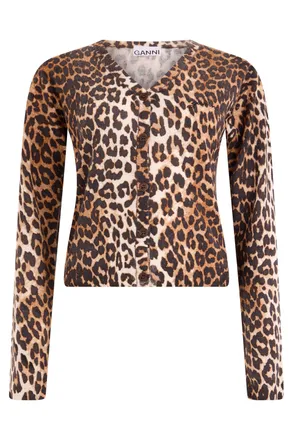 Ganni Leopard-Print Wool Cardigan - Brown