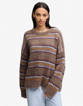 Superdry pull en maille ray&eacute;e bross&eacute;e ample marron, bordeaux et bleu